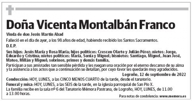 Doña Vicenta Montalbán Franco | Esquela Necrológica | La Rioja Doña Vicenta Montalbán Franco | Esquela Necrológica | La Rioja