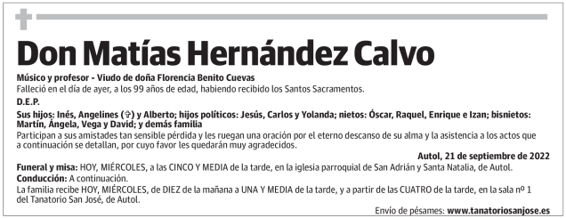 Don Matías Hernández Calvo | Esquela Necrológica | La Rioja