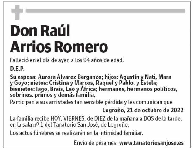 Don Raúl Arrios Romero | Esquela Necrológica | La Rioja