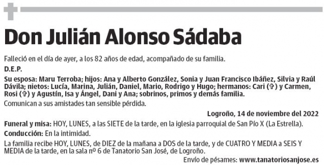 Don Julián Alonso Sádaba | Esquela Necrológica | La Rioja