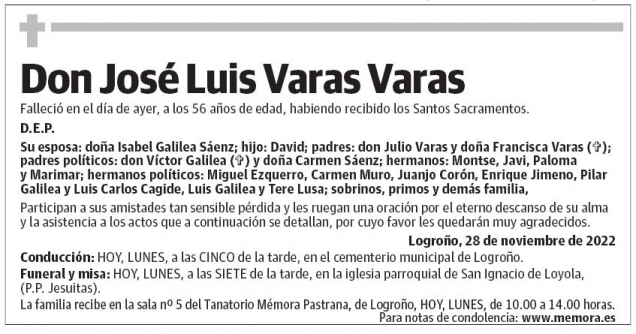 Don José Luis Varas Varas | Esquela Necrológica | La Rioja