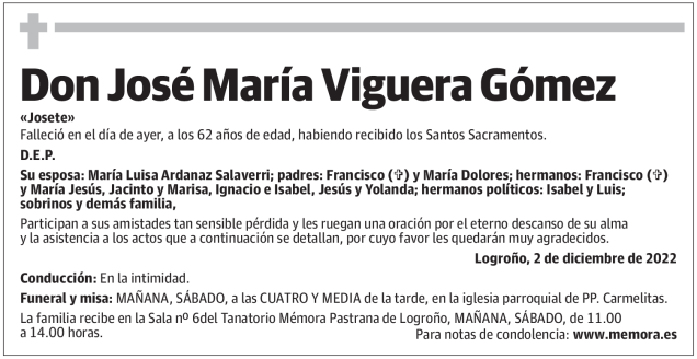 Don José María Viguera Gómez | Esquela Necrológica | La Rioja
