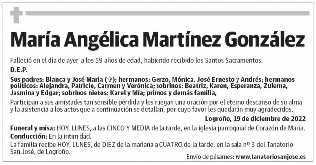 María Angélica Martínez González | Esquela Necrológica | La Rioja