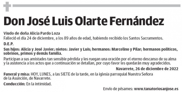 Don José Luis Olarte Fernández | Esquela Necrológica | La Rioja
