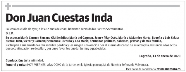 Don Juan Cuestas Inda | Esquela Necrológica | La Rioja