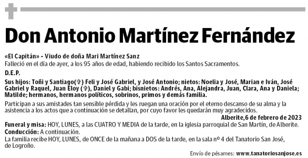Don Antonio Martínez Fernández | Esquela Necrológica | La Rioja