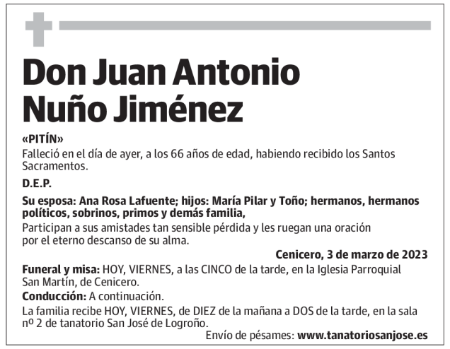 Don Juan Antonio Nuño Jiménez | Esquela Necrológica | La Rioja