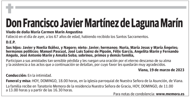 Don Francisco Javier Martínez de Laguna Marín | Esquela Necrológica | La Rioja