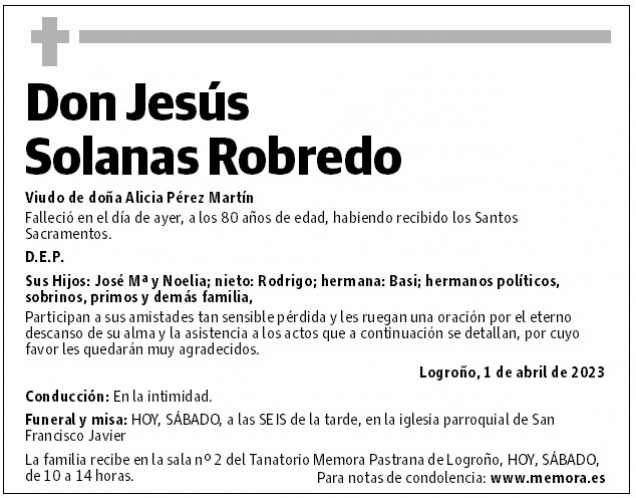 Don Jesús Solanas Robredo | Esquela Necrológica | La Rioja