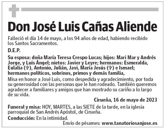 Don José Luis Cañas Aliende | Esquela Necrológica | La Rioja