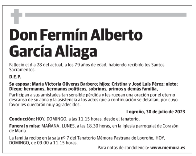Don Fermín Alberto García Aliaga | Esquela Necrológica | La Rioja