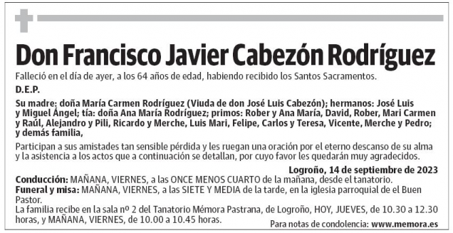 Don Francisco Javier Cabezón Rodríguez | Esquela Necrológica | La Rioja