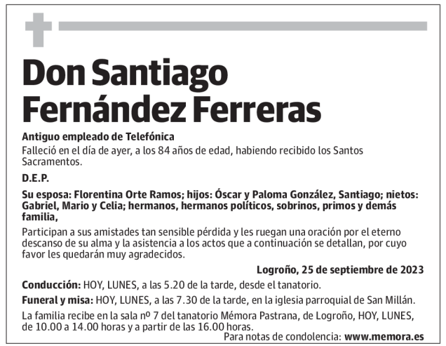 Don Santiago Fernández Ferreras | Esquela Necrológica | La Rioja