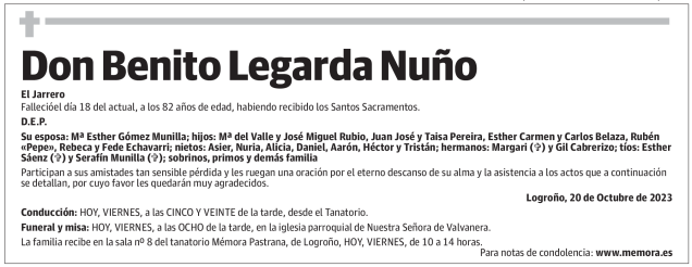 Don Benito Legarda Nuño | Esquela Necrológica | La Rioja