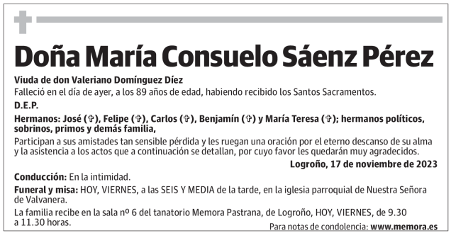 Doña María Consuelo Sáenz Pérez | Esquela Necrológica | La Rioja