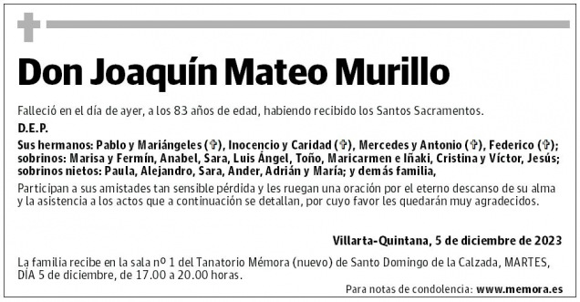 Don Joaquín Mateo Murillo | Esquela Necrológica | La Rioja