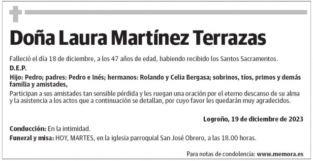 Doña Laura Martínez Terrazas | Esquela Necrológica | La Rioja