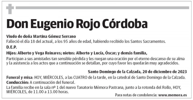 Don Eugenio Rojo Córdoba | Esquela Necrológica | La Rioja