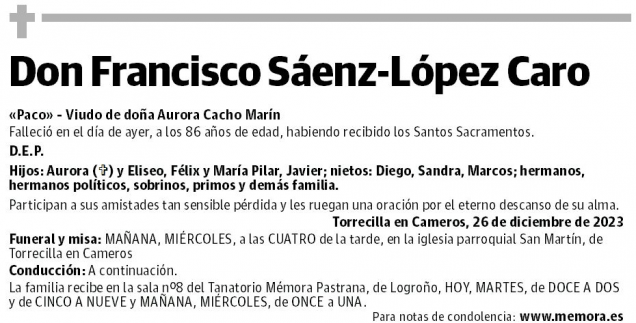 Don Francisco Sáenz-López Caro | Esquela Necrológica | La Rioja