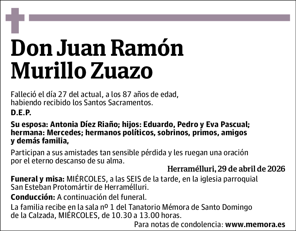 Juan Ramón Murillo Zuazo | Esquela | La Rioja