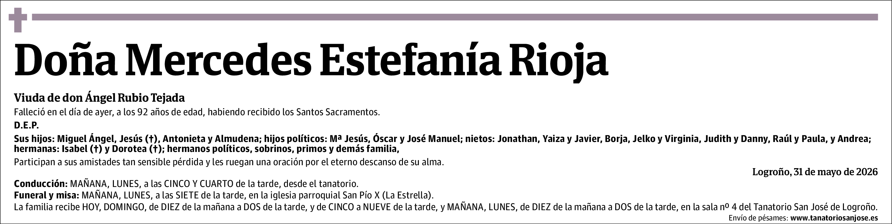 Mercedes Estefanía Rioja | Esquela | La Rioja