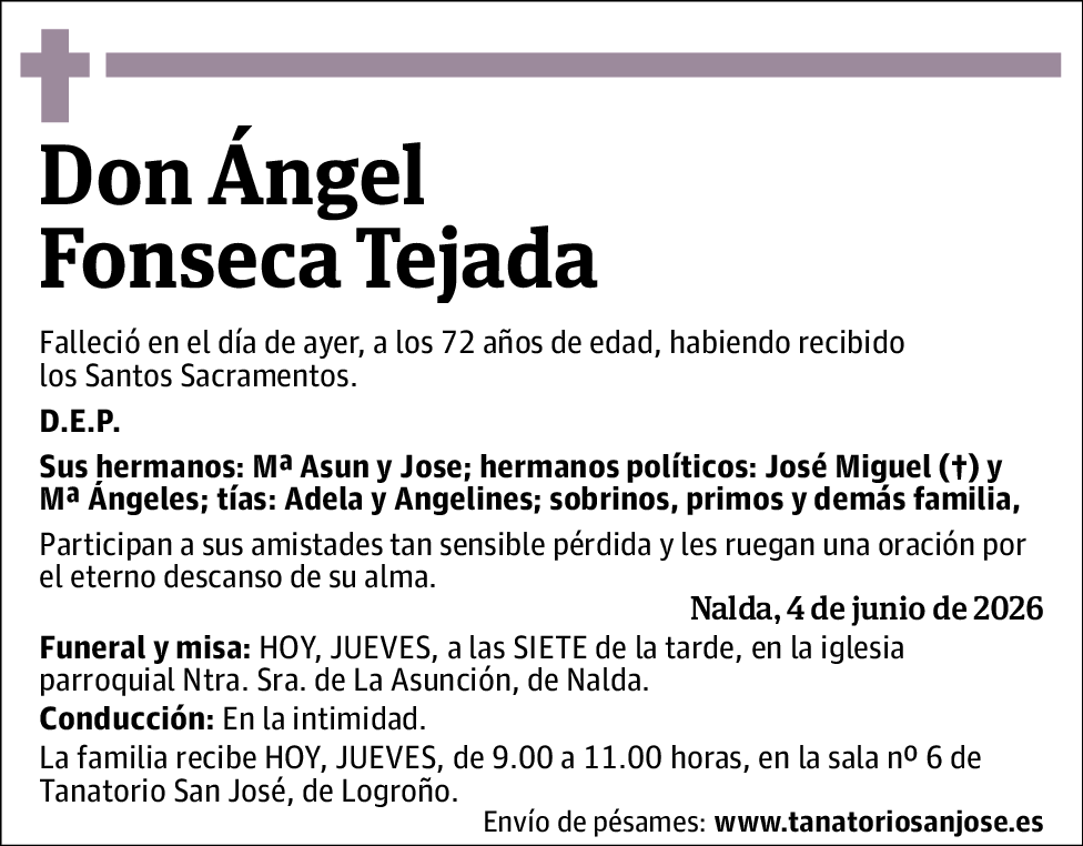 Ángel Fonseca Tejada | Esquela | La Rioja
