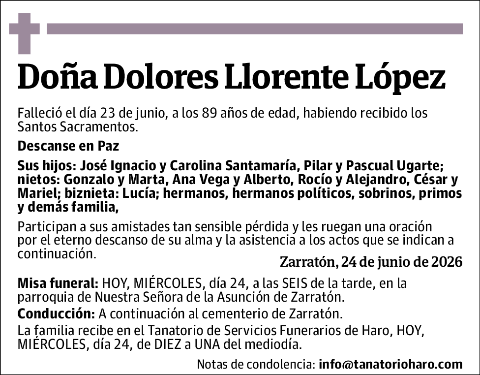 Dolores Llorente López | Esquela | La Rioja